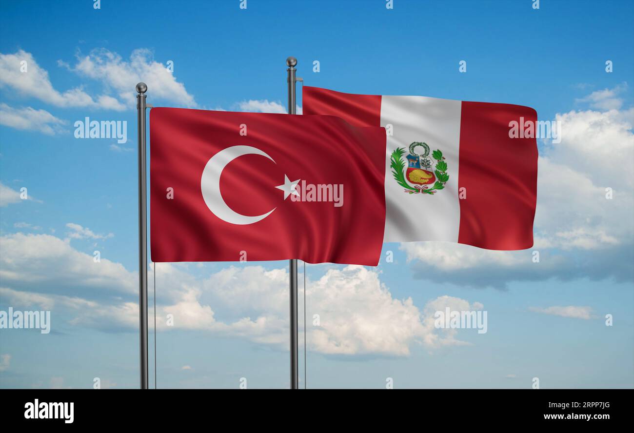Peru and Turkey flag waving together in the wind on blue sky, two ...