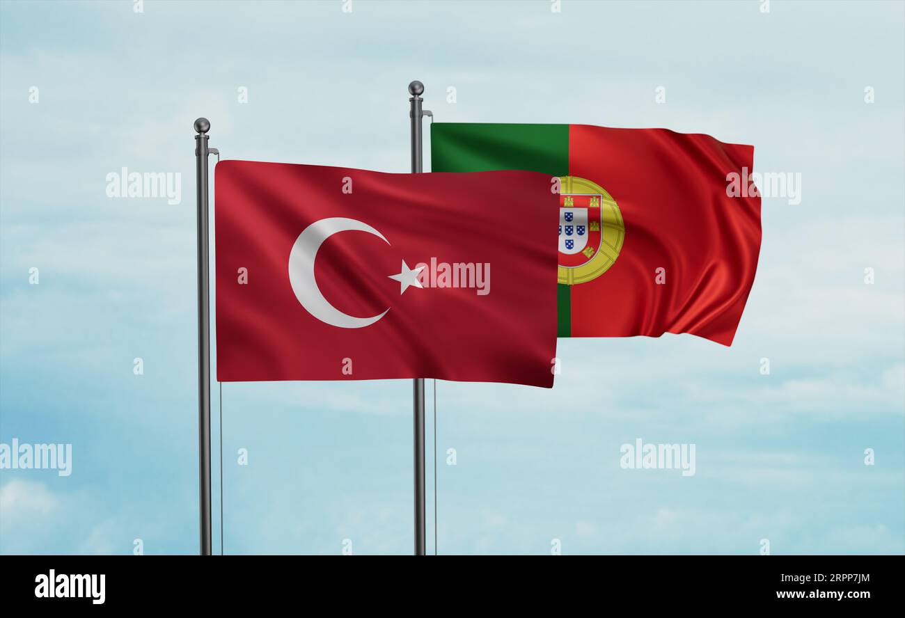 Portugal and Turkey flag waving together in the wind on blue sky, two ...