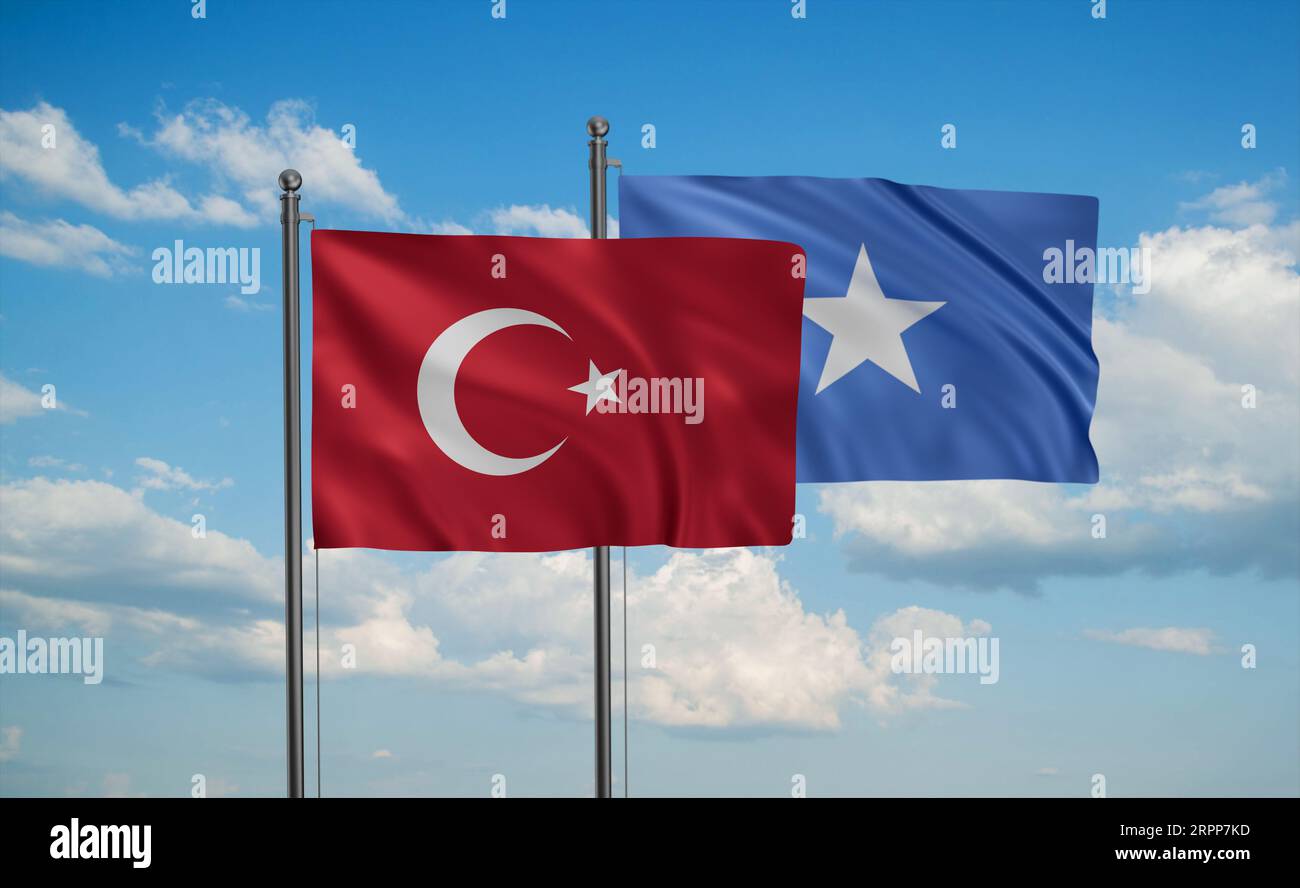 Somalia and Turkey flag waving together in the wind on blue sky, two ...