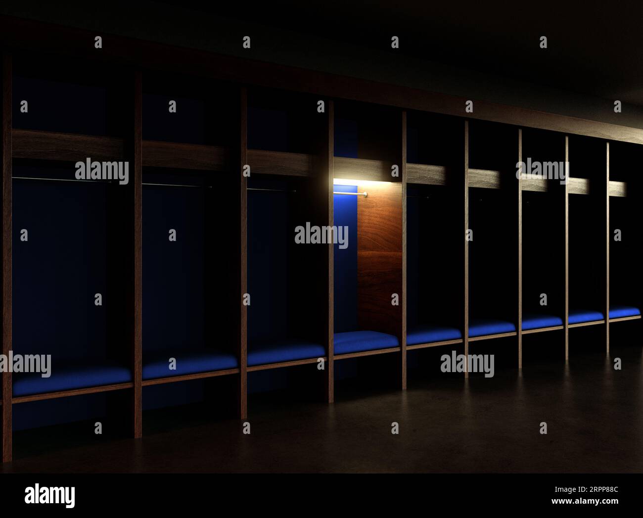A blue themed wood sports locker change room in the dark with one ...