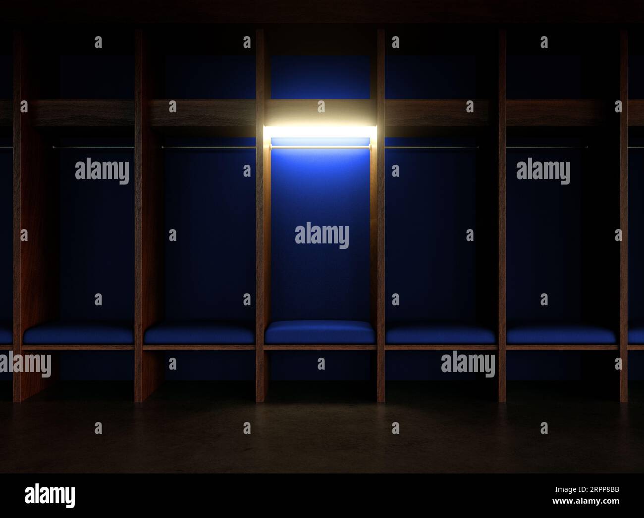A blue themed wood sports locker change room in the dark with one ...