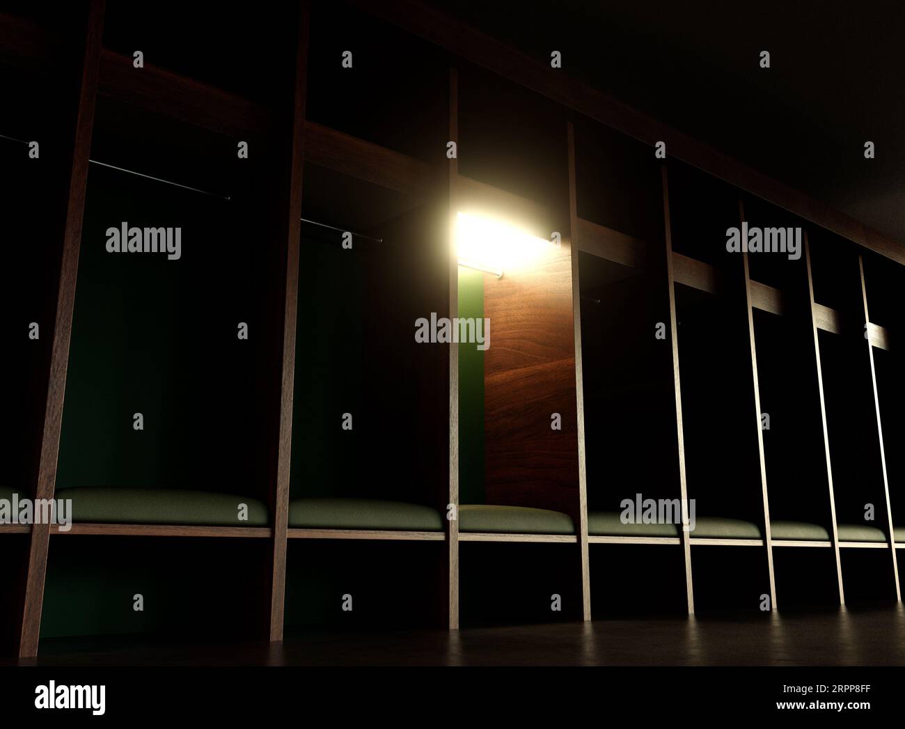 A green themed wood sports locker change room in the dark with one ...