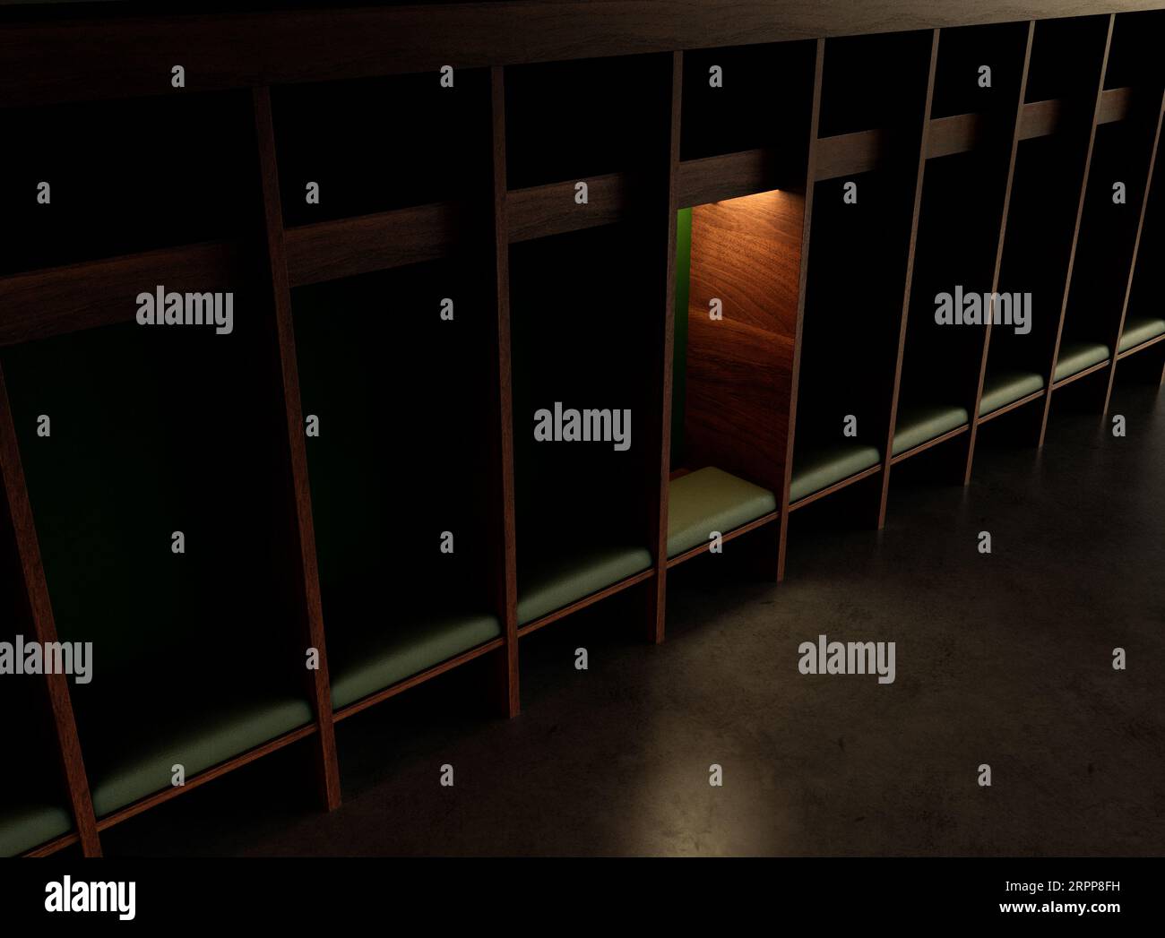 A green themed wood sports locker change room in the dark with one ...