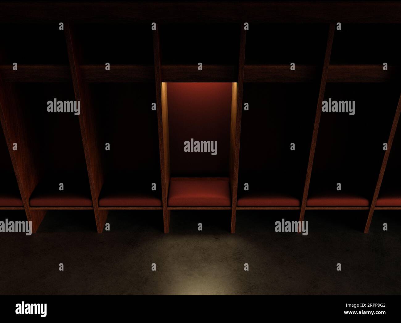 A red themed wood sports locker change room in the dark with one ...