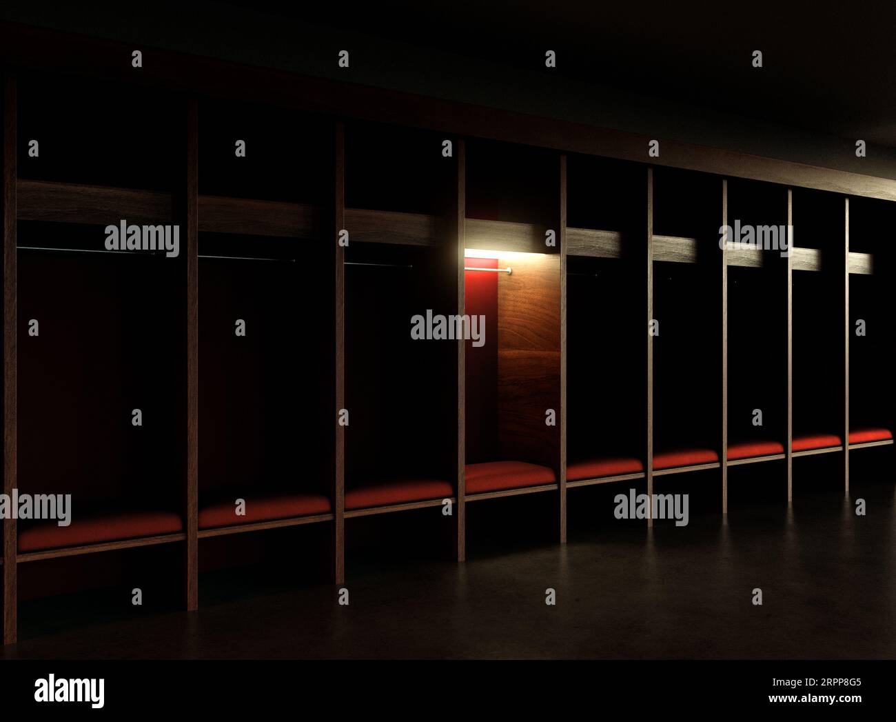 A red themed wood sports locker change room in the dark with one ...