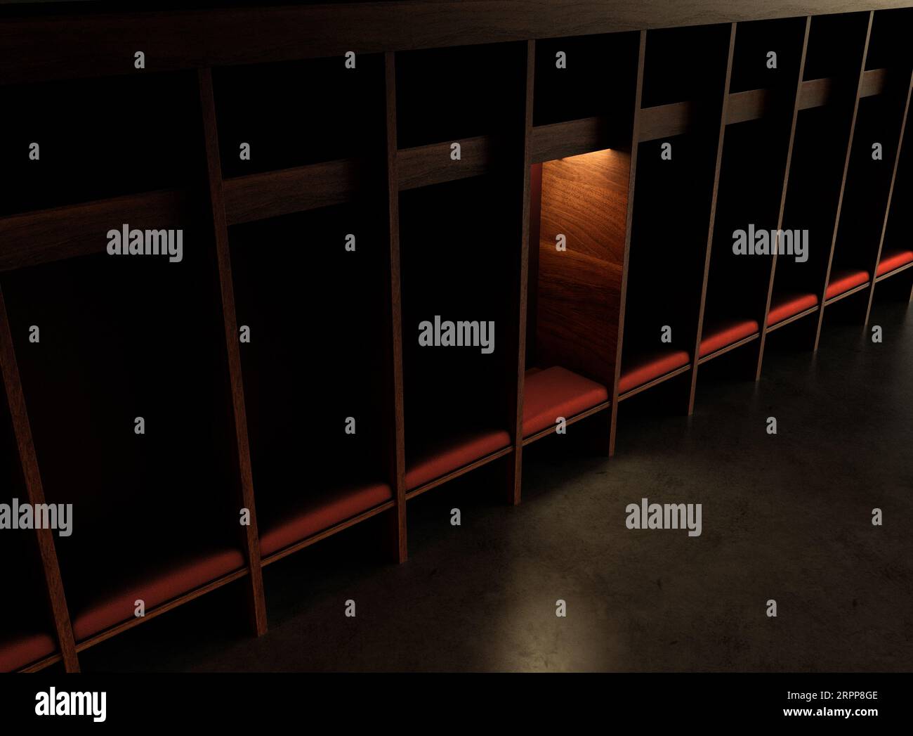 A red themed wood sports locker change room in the dark with one ...