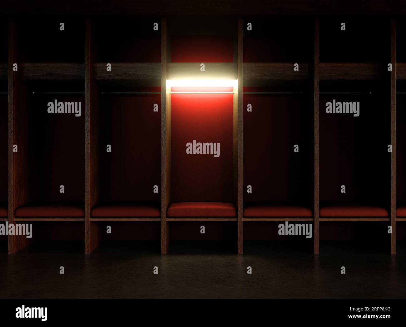 A red themed wood sports locker change room in the dark with one ...