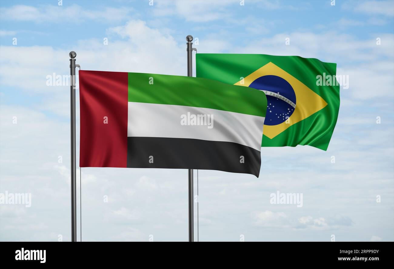 Brazil flag and United Arab Emirates, UAE flag waving together on blue ...
