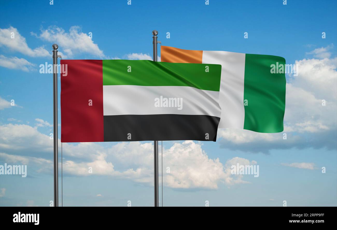 Ivory Coast or Cote d'Ivoire and United Arab Emirates, UAE flag waving ...