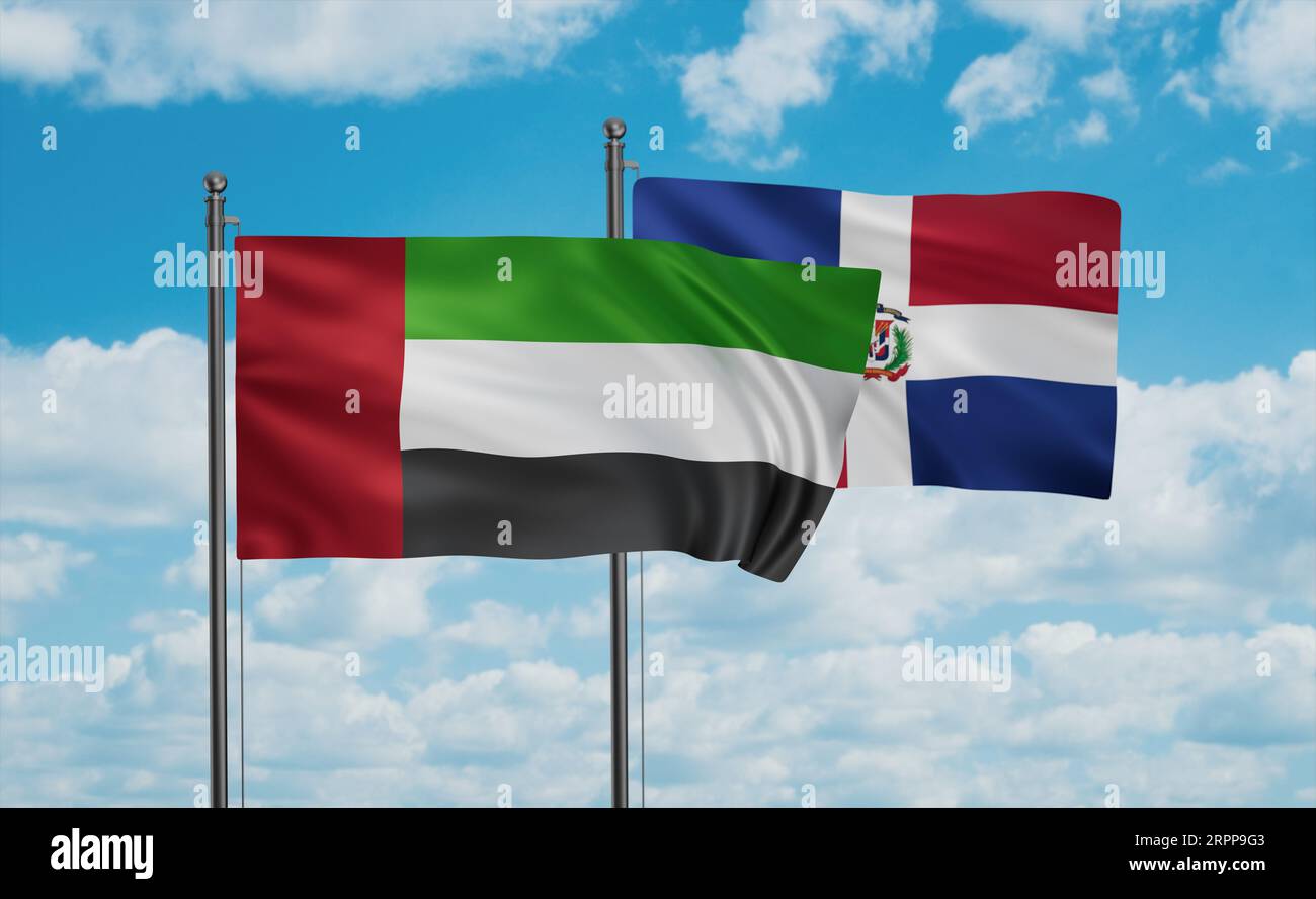 Dominican Republic flag and United Arab Emirates, UAE flag waving ...