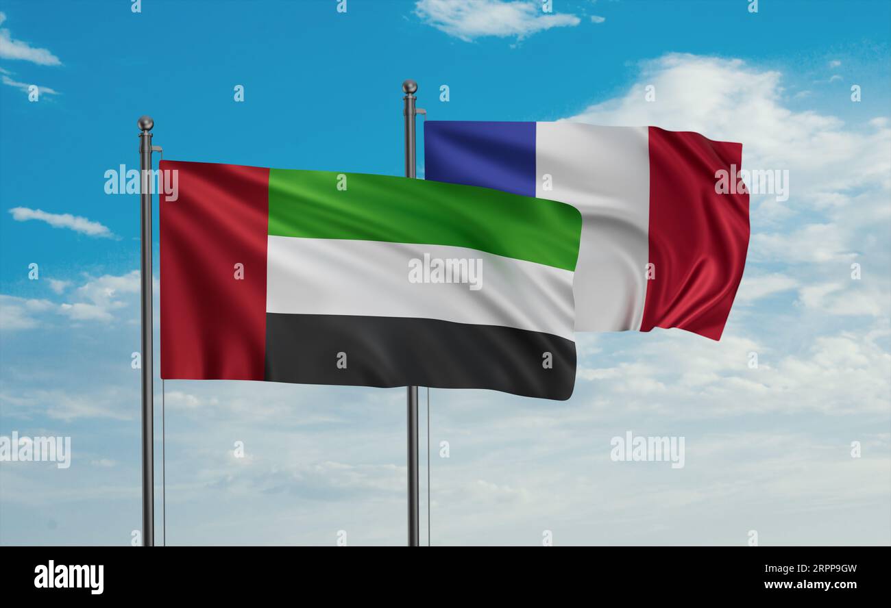 United Arab Emirates, UAE and France flags waving together on blue sky ...