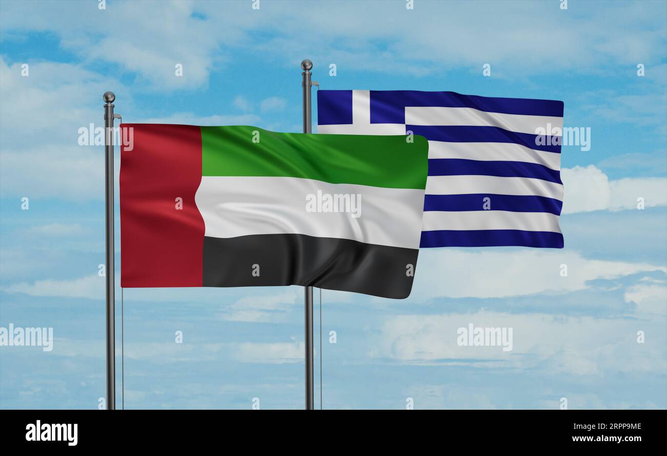 Greece flag and United Arab Emirates, UAE flag waving together on blue ...
