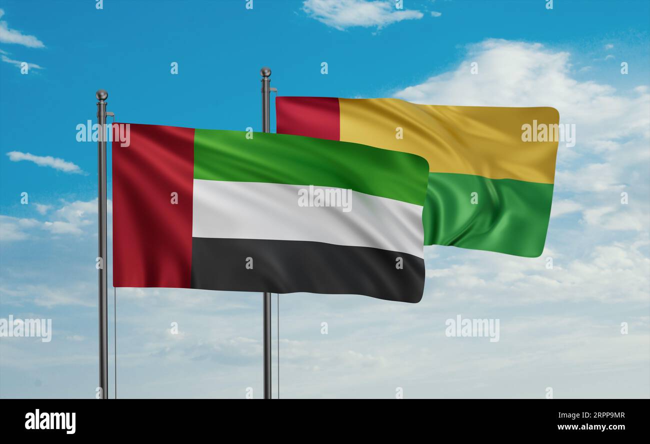 Guinea-Bissau flag and United Arab Emirates, UAE flag waving together ...
