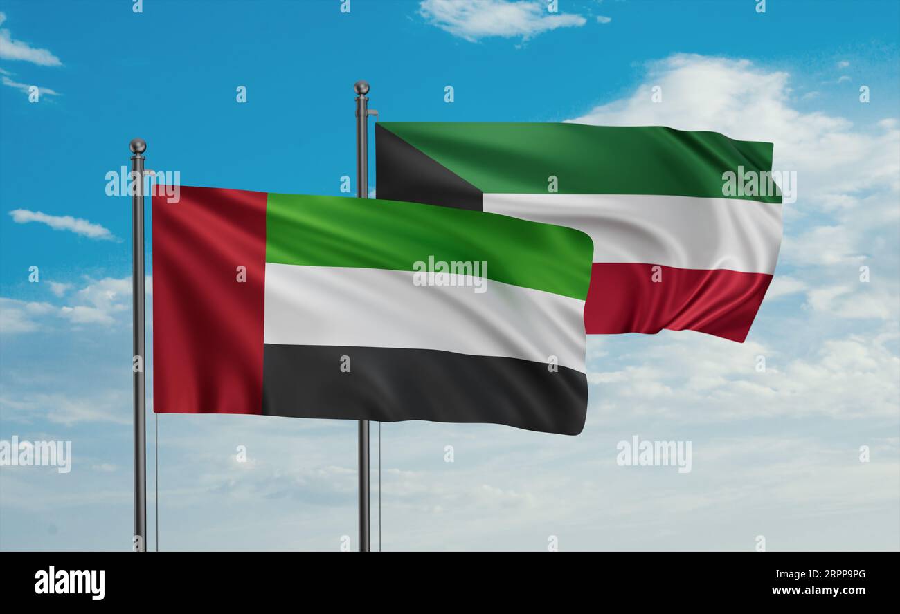 Kuwait and United Arab Emirates, UAE flag waving together in the wind ...