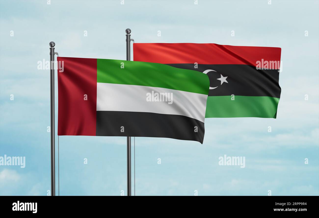 Libya and United Arab Emirates, UAE flag waving together in the wind on ...