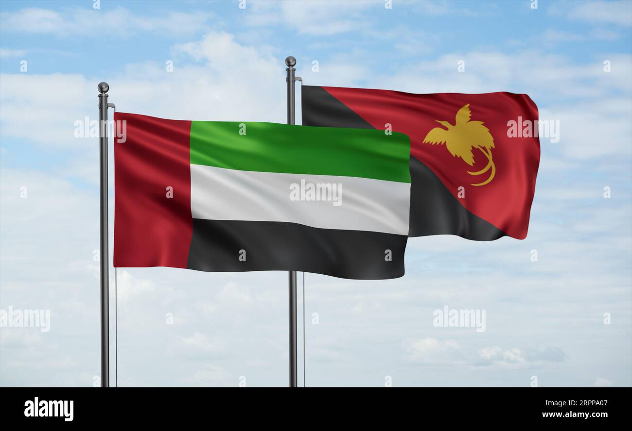 Papua New Guinea flag and United Arab Emirates, UAE flag waving ...