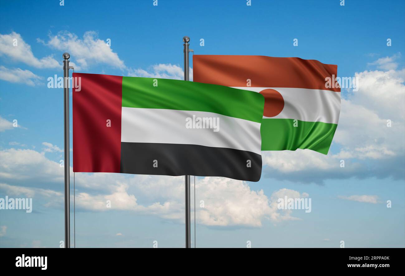 Niger flag and United Arab Emirates, UAE flag waving together on blue ...