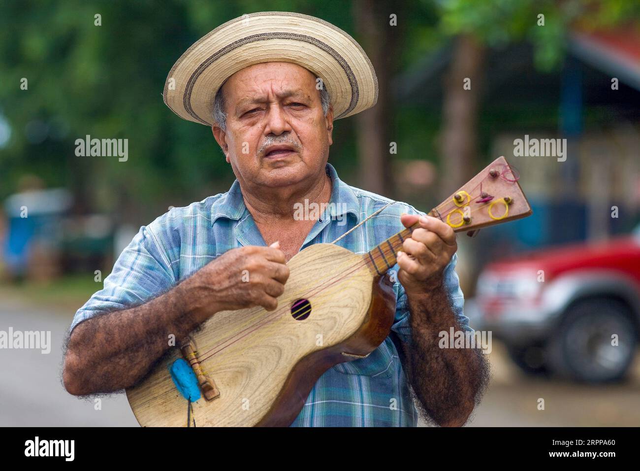 Panama, Los Santos. Man is playing the traditional guitar of the ...