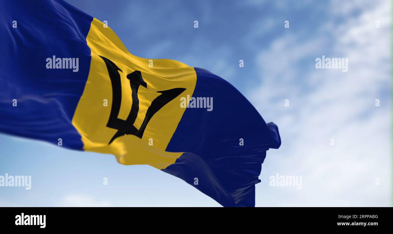 Barbados national flag waving in the wind on a clear day. Blue and ...
