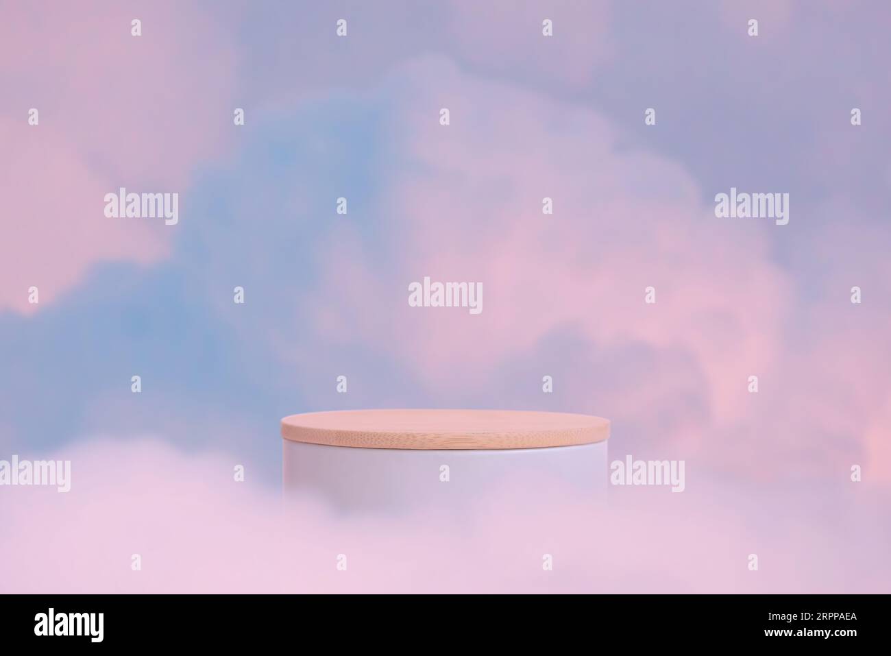 Surreal podium outdoor on blue sky pink gold pastel soft clouds with ...