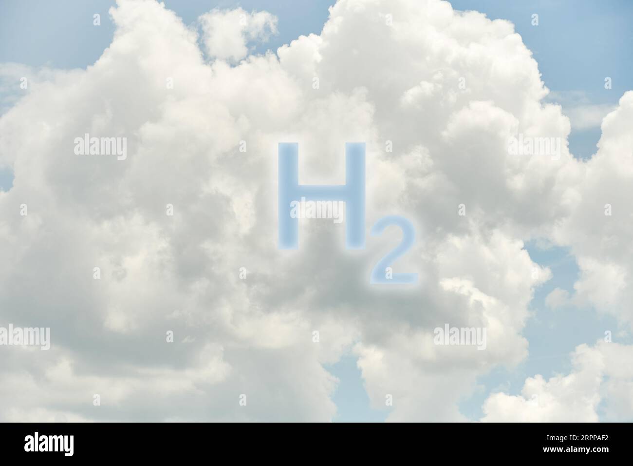 Blue H2 Hydrogen fuel symbol high up in the clouds. Ecological ...