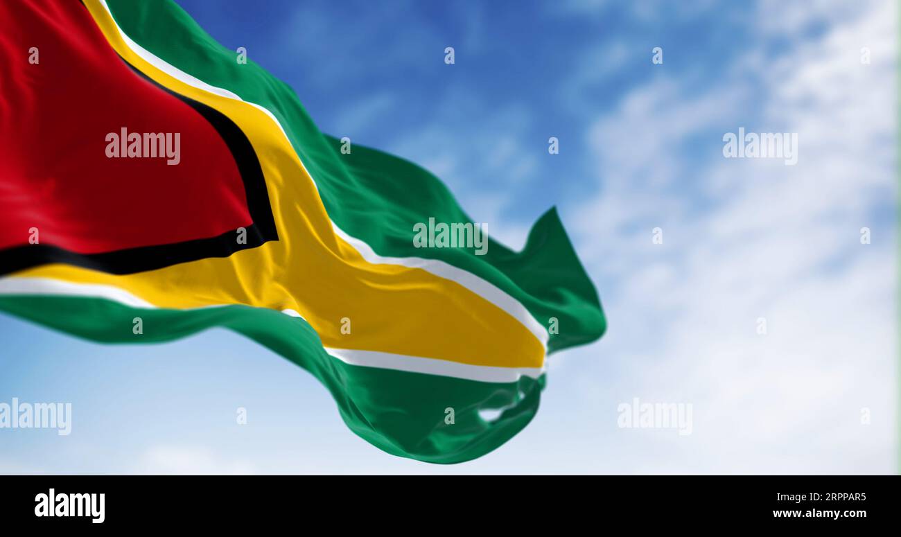 Close-up view of the Guyana national flag waving in the wind. Green ...