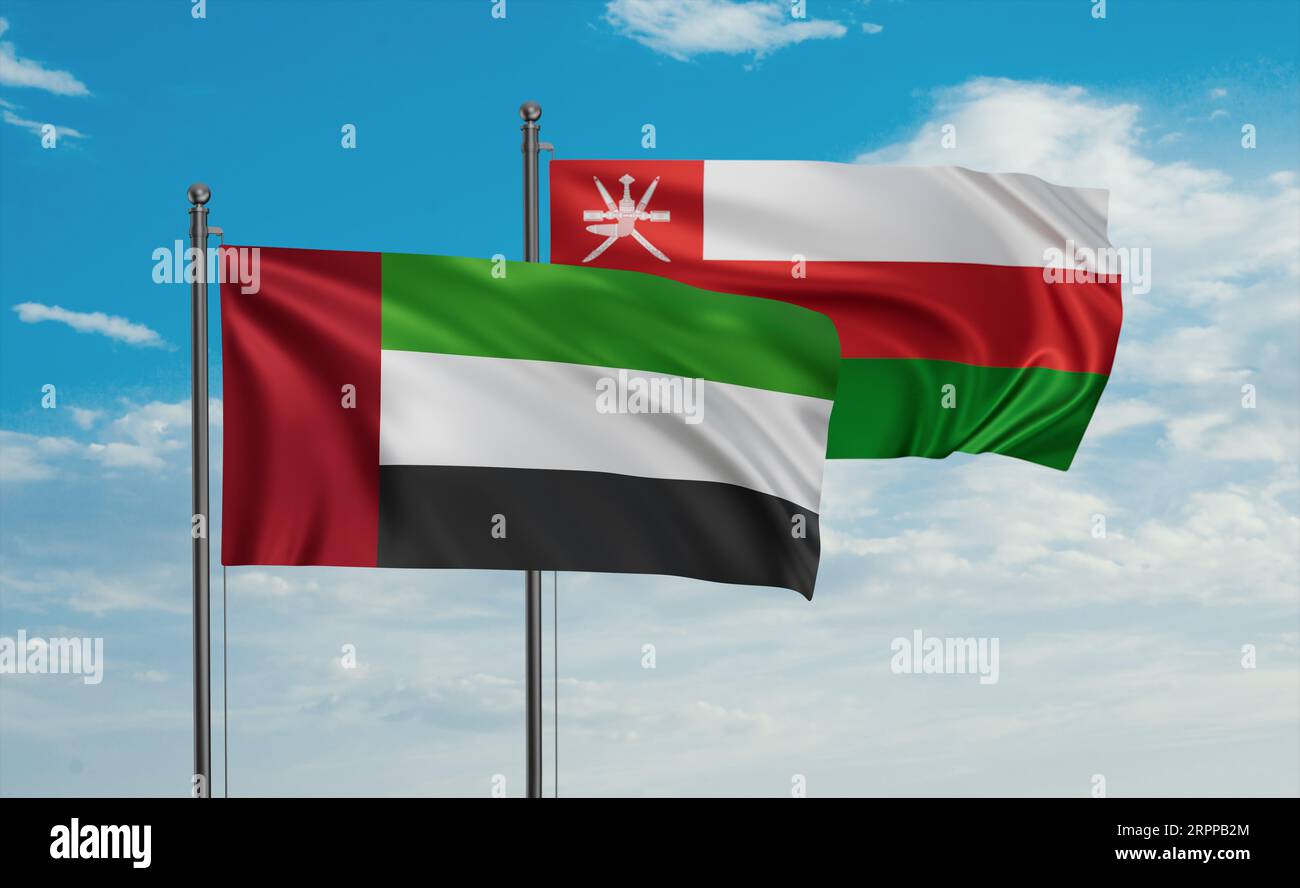 Oman and United Arab Emirates, UAE flag waving together in the wind on ...