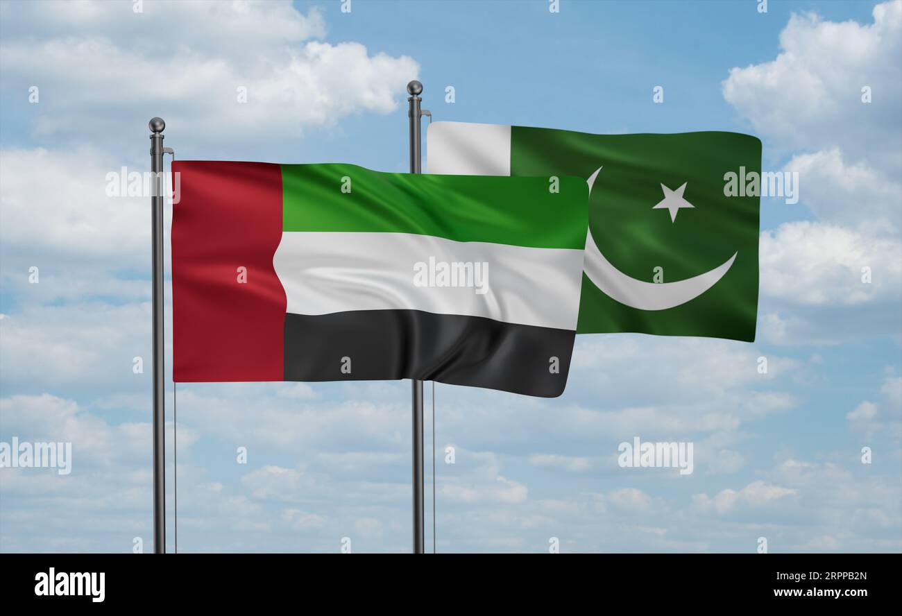 Pakistan flag and United Arab Emirates, UAE flag waving together on ...
