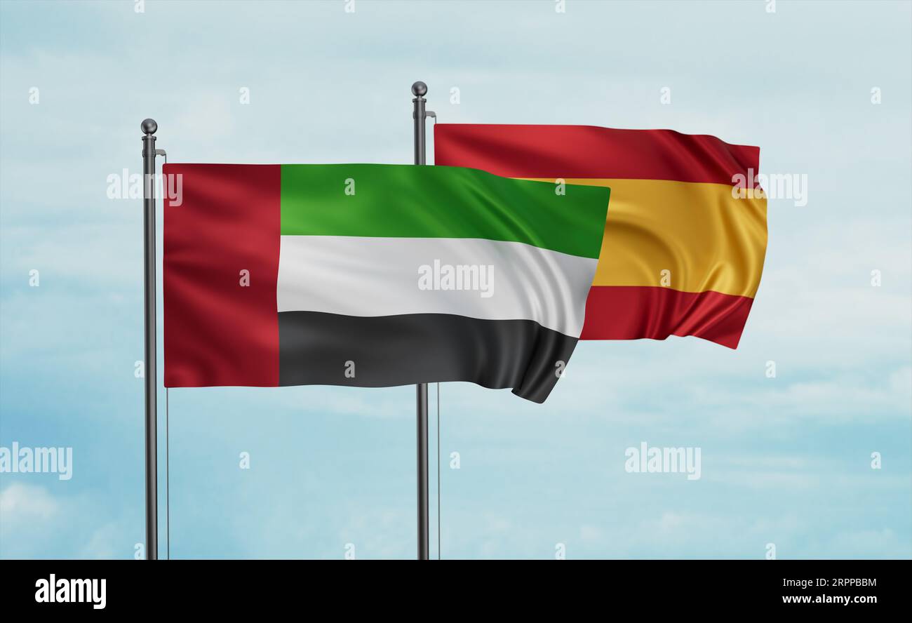 Spain and United Arab Emirates, UAE flag waving together in the wind on ...
