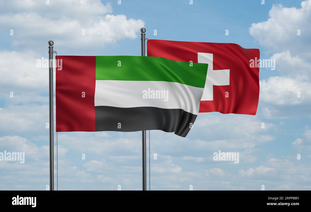 Switzerland and United Arab Emirates, UAE flag waving together in the ...