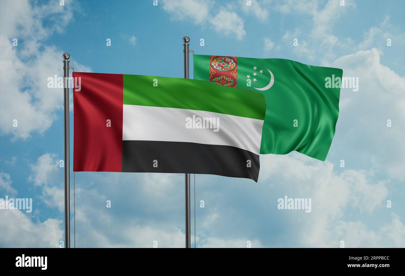 Turkmenistan and United Arab Emirates, UAE flag waving together in the ...