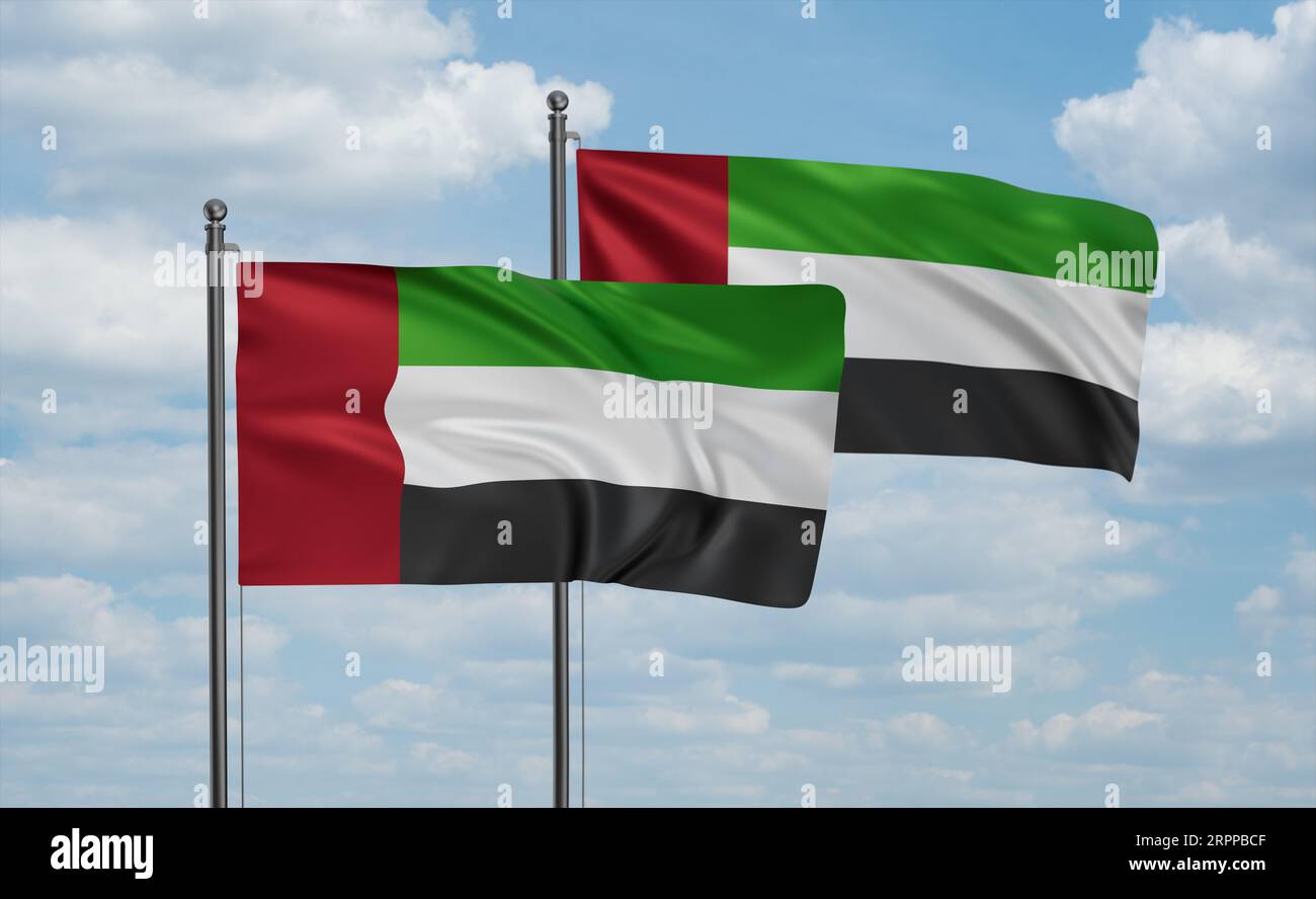 Two United Arab Emirates, UAE flag waving together in the wind on blue ...