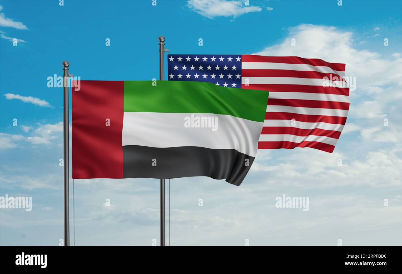 USA and United Arab Emirates, UAE flag waving together in the wind on ...