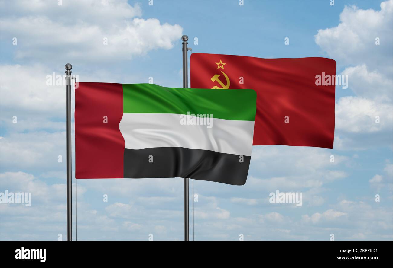 Soviet Union or USSR and United Arab Emirates, UAE flag waving together ...