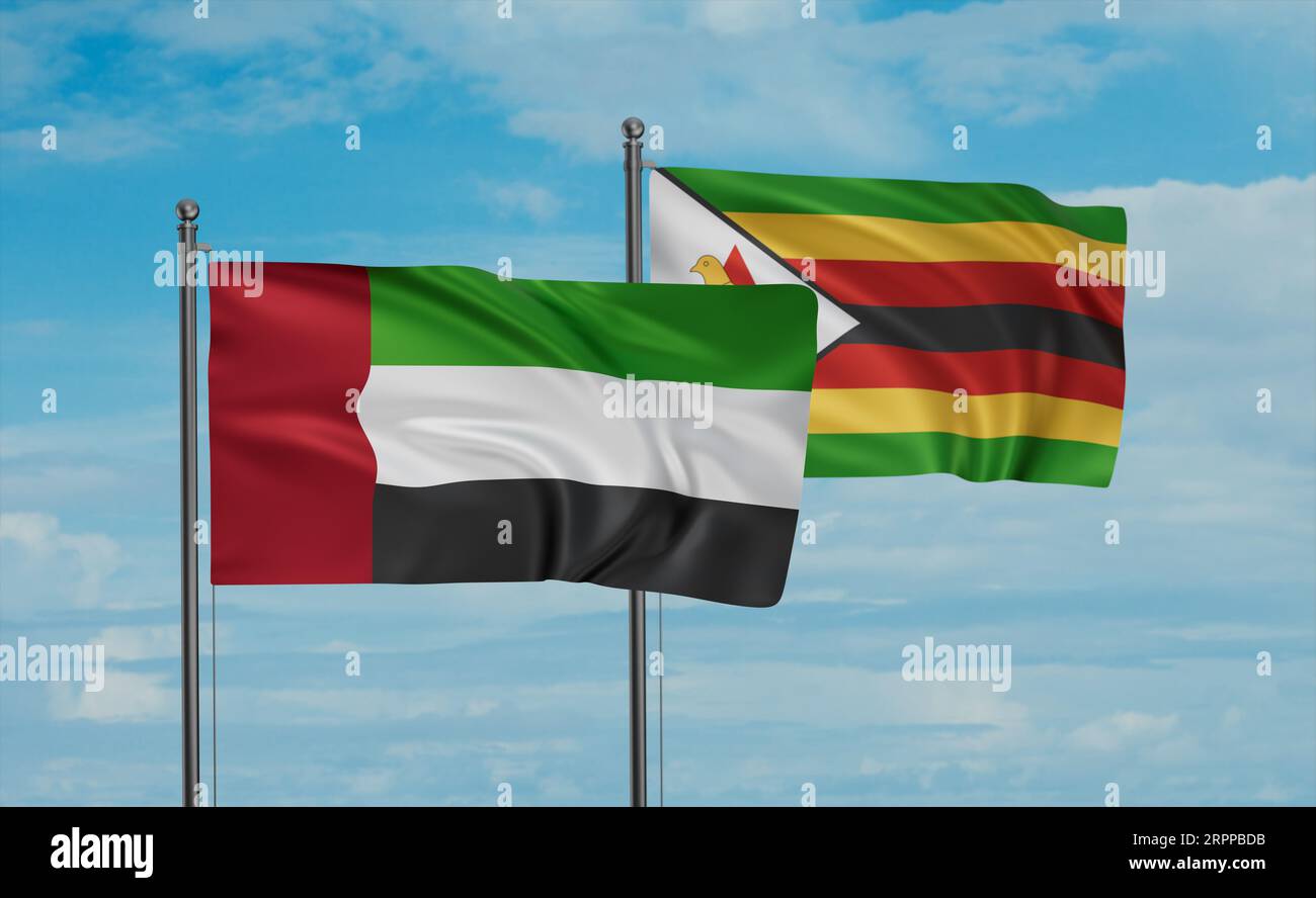 Zimbabwe and United Arab Emirates, UAE flag waving together in the wind ...