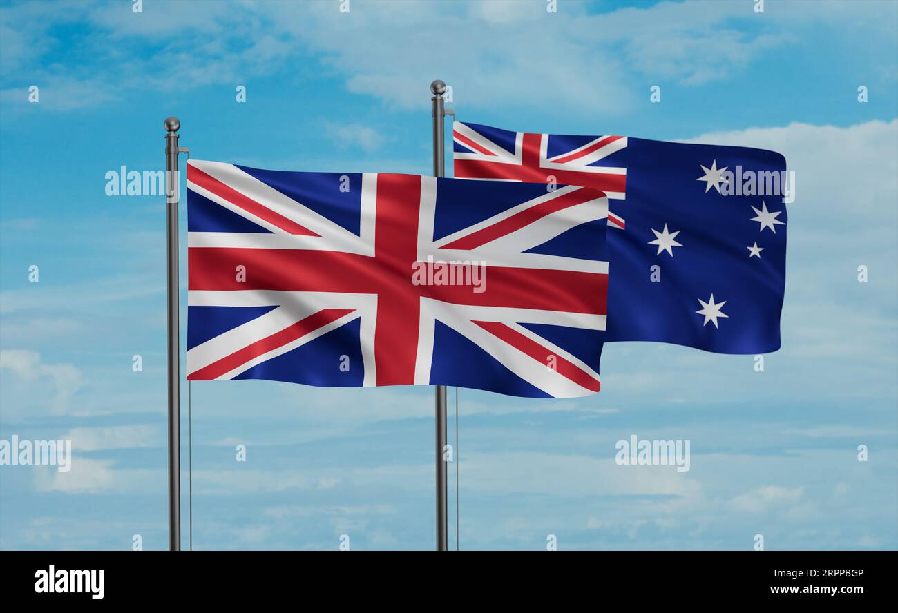 Australia flag and United Kingdoms, UK, Great Britain flag waving ...