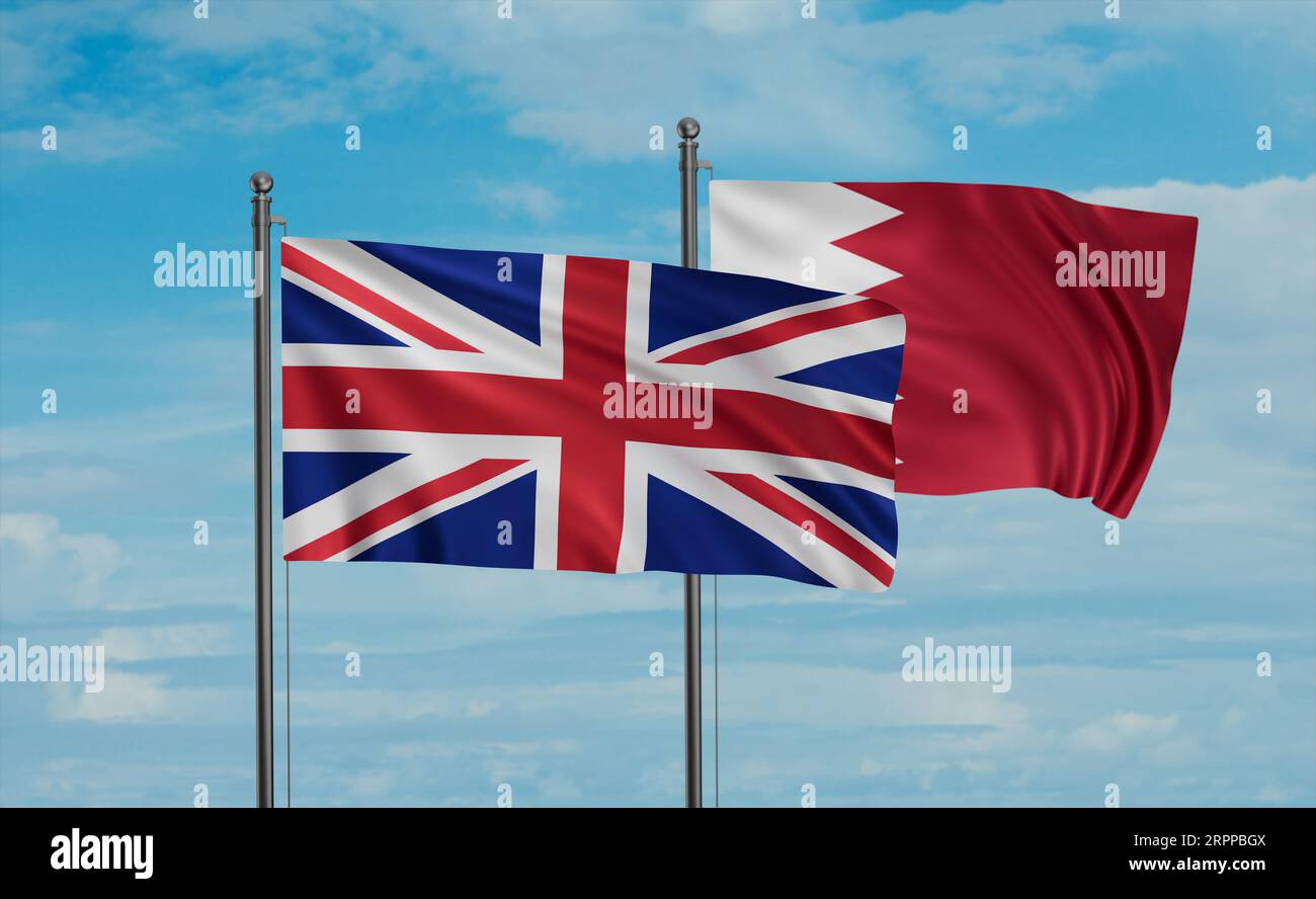 Bahrain flag and United Kingdoms, UK, Great Britain flag waving ...