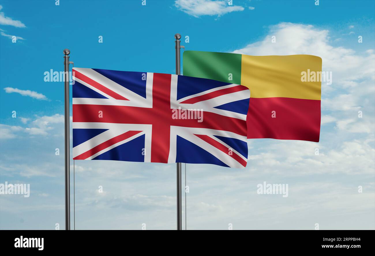 Benin flag and United Kingdoms, UK, Great Britain flag waving together ...