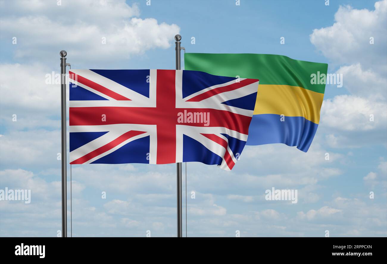 Gabon flag and United Kingdoms, UK, Great Britain flag waving together ...