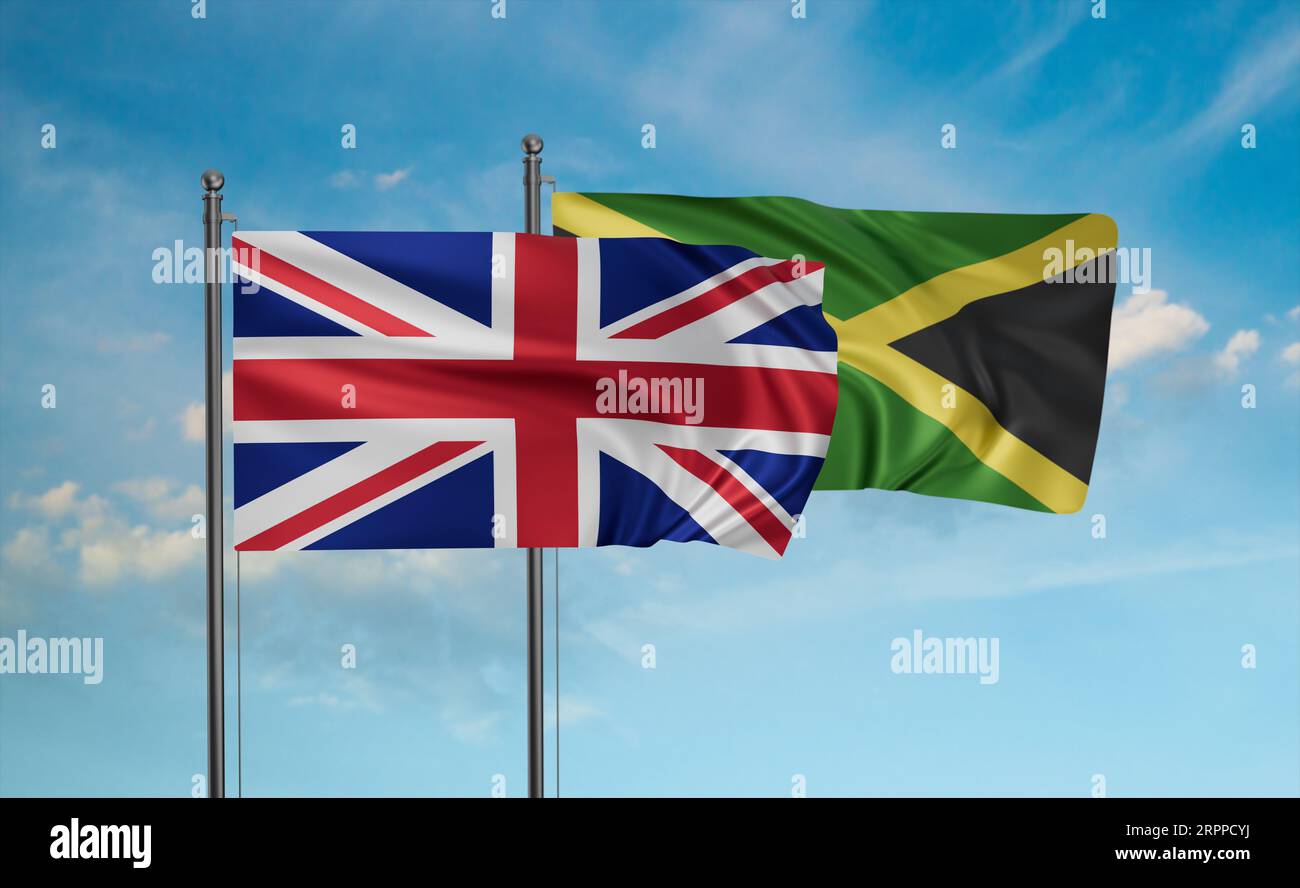 Jamaica and United Kingdoms, UK, Great Britain flag waving together in ...