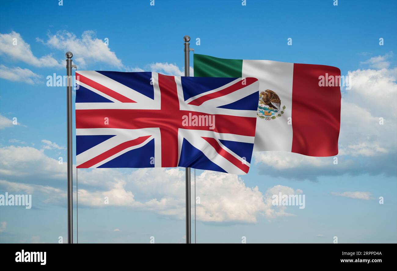 Mexico flag and United Kingdoms, UK, Great Britain flag waving together ...