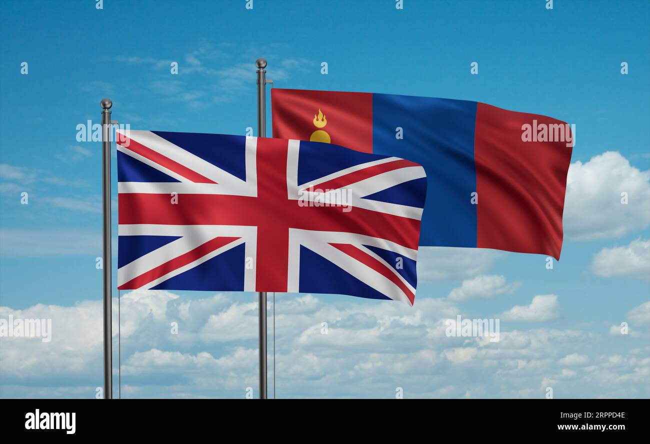 Mongolia and United Kingdoms, UK, Great Britain flag waving together in ...
