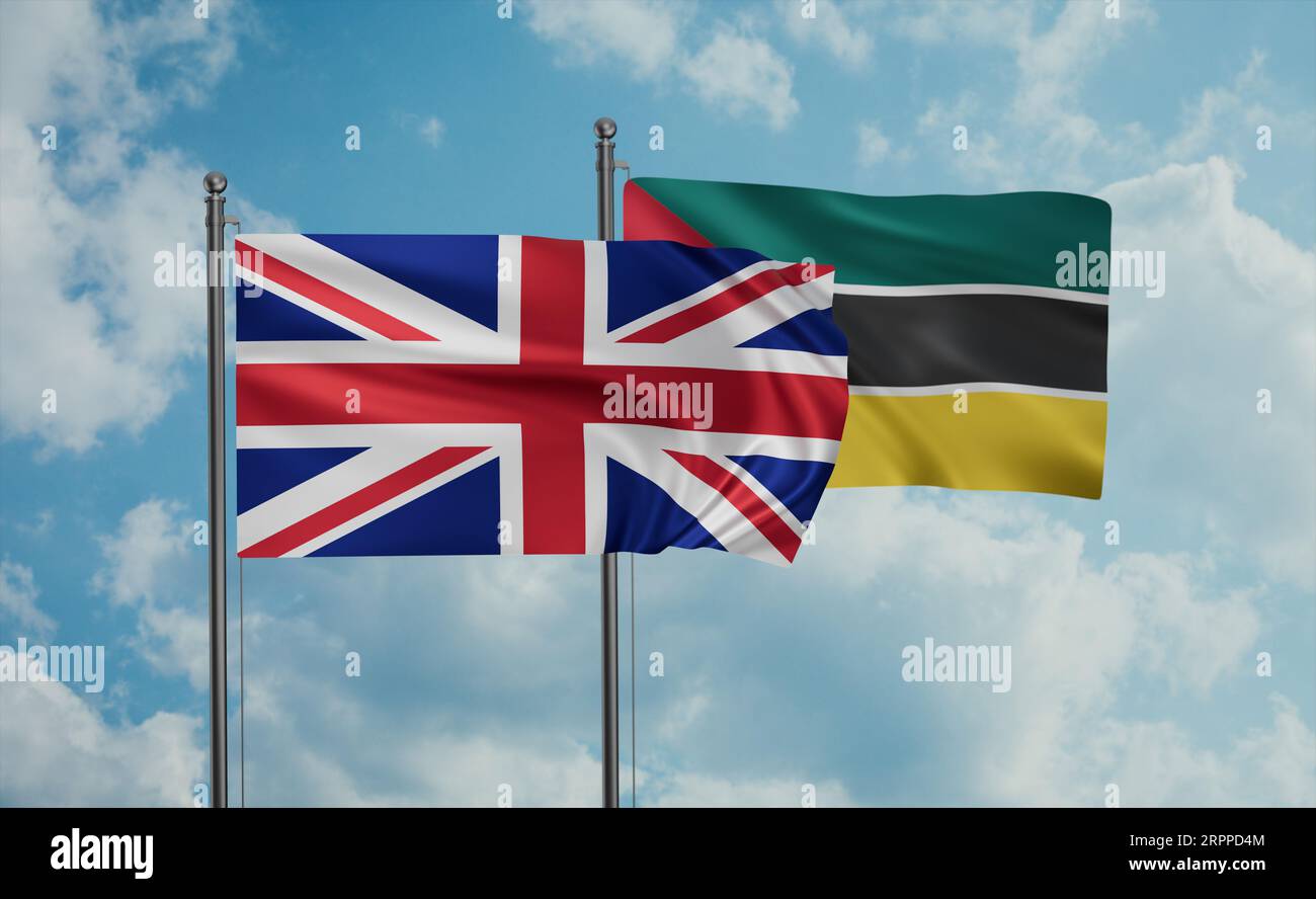 Namibia and United Kingdoms, UK, Great Britain flag waving together in ...