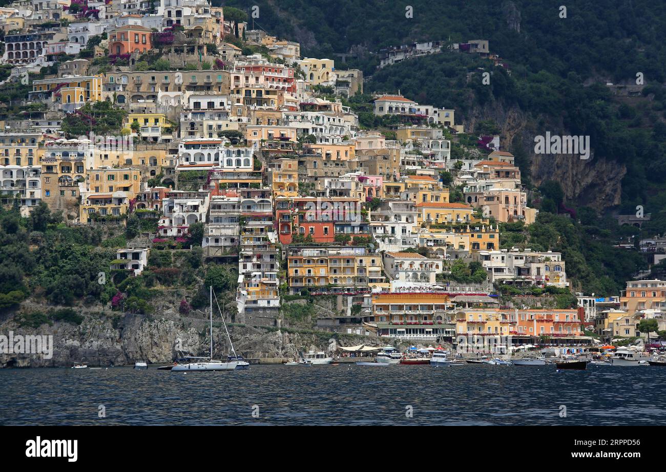 Colourful Houses at Cliff Positano Town View From Mediterranean Sea ...