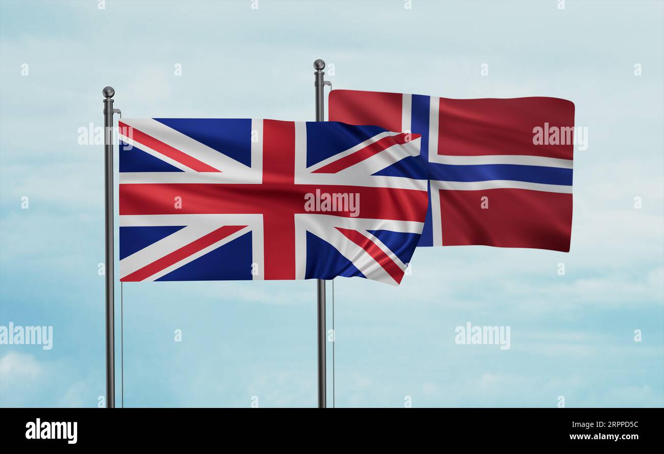Norway flag and United Kingdoms, UK, Great Britain flag waving together ...