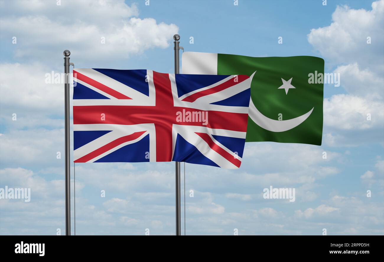 Pakistan flag and United Kingdoms, UK, Great Britain flag waving ...