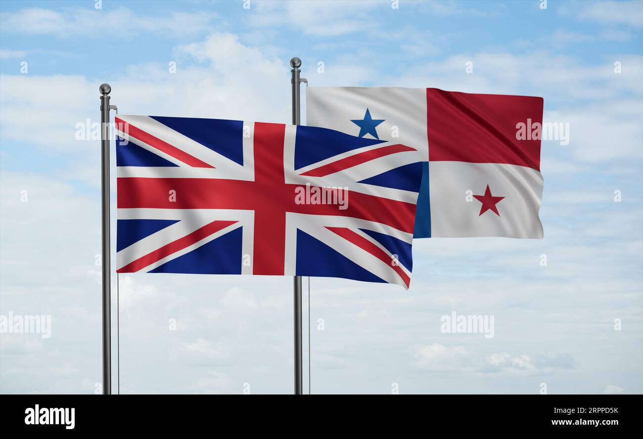 Panama flag and United Kingdoms, UK, Great Britain flag waving together ...