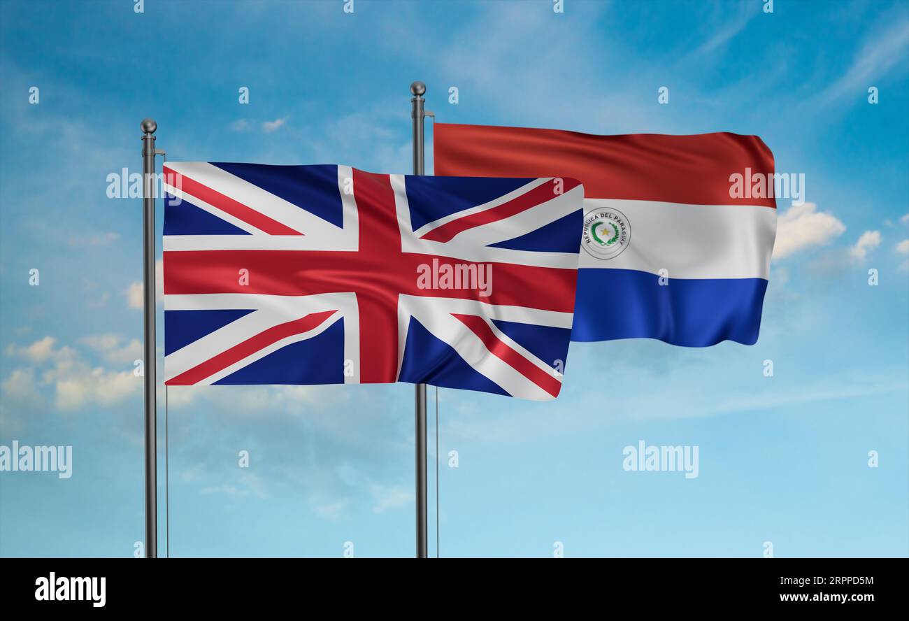 Paraguay flag and United Kingdoms, UK, Great Britain flag waving ...