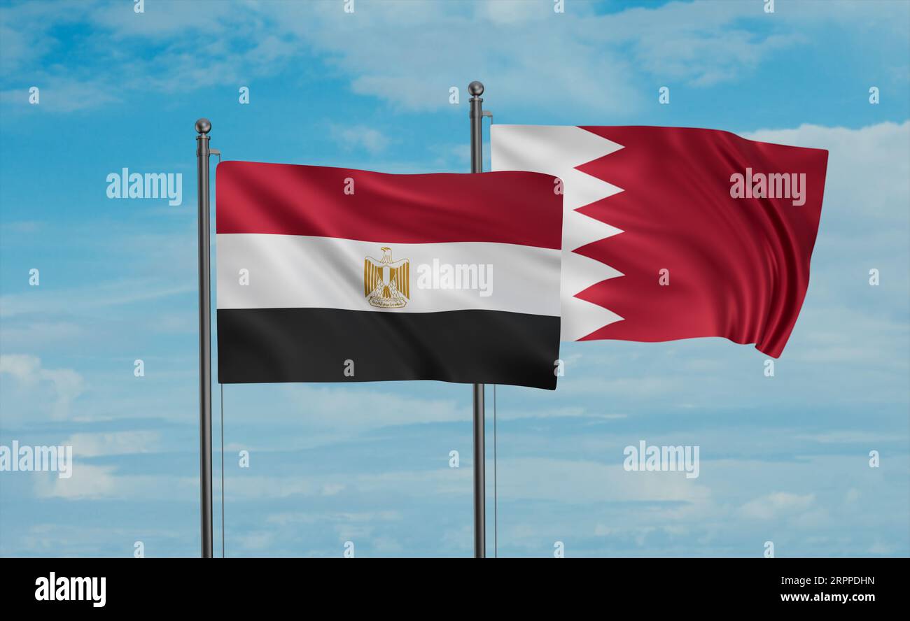 Bahrain flag and Egypt flag waving together on blue sky, two country ...