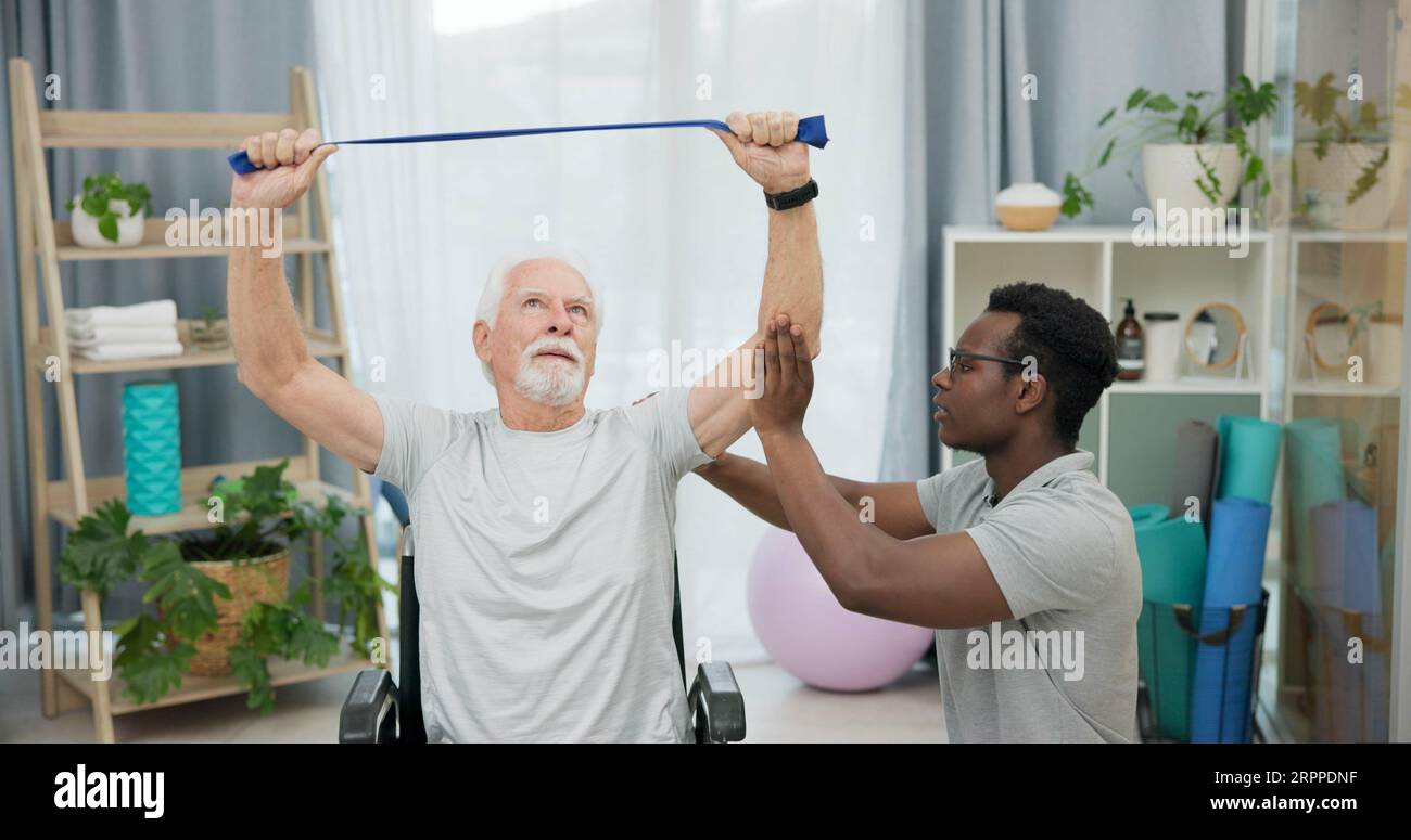 Man with disability, physiotherapist and stretching band for healthcare ...